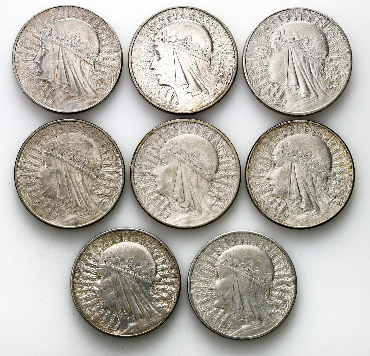 II RP. 10 złotych 1932-1933 głowa kobiety, zestaw 8 sztuk | archiwum.niemczyk.pl